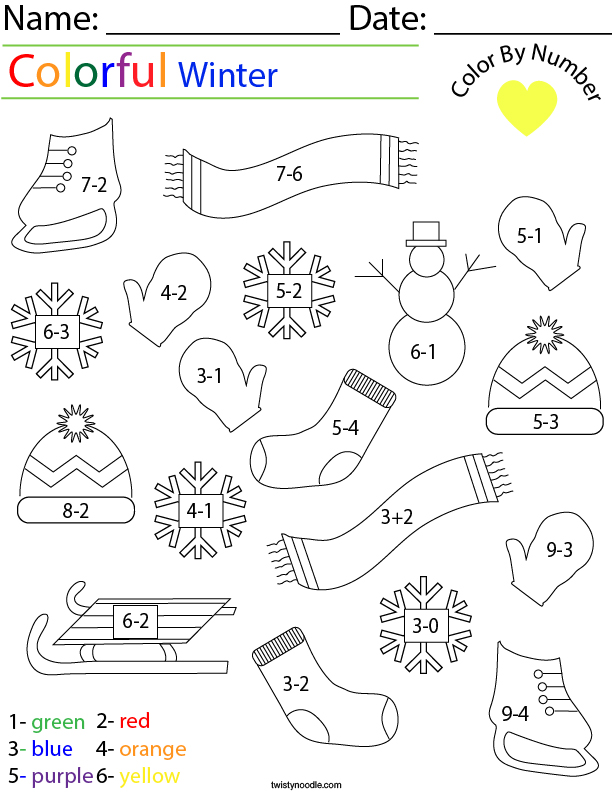 Winter Color by Number Subtraction Math Worksheet - Twisty Noodle